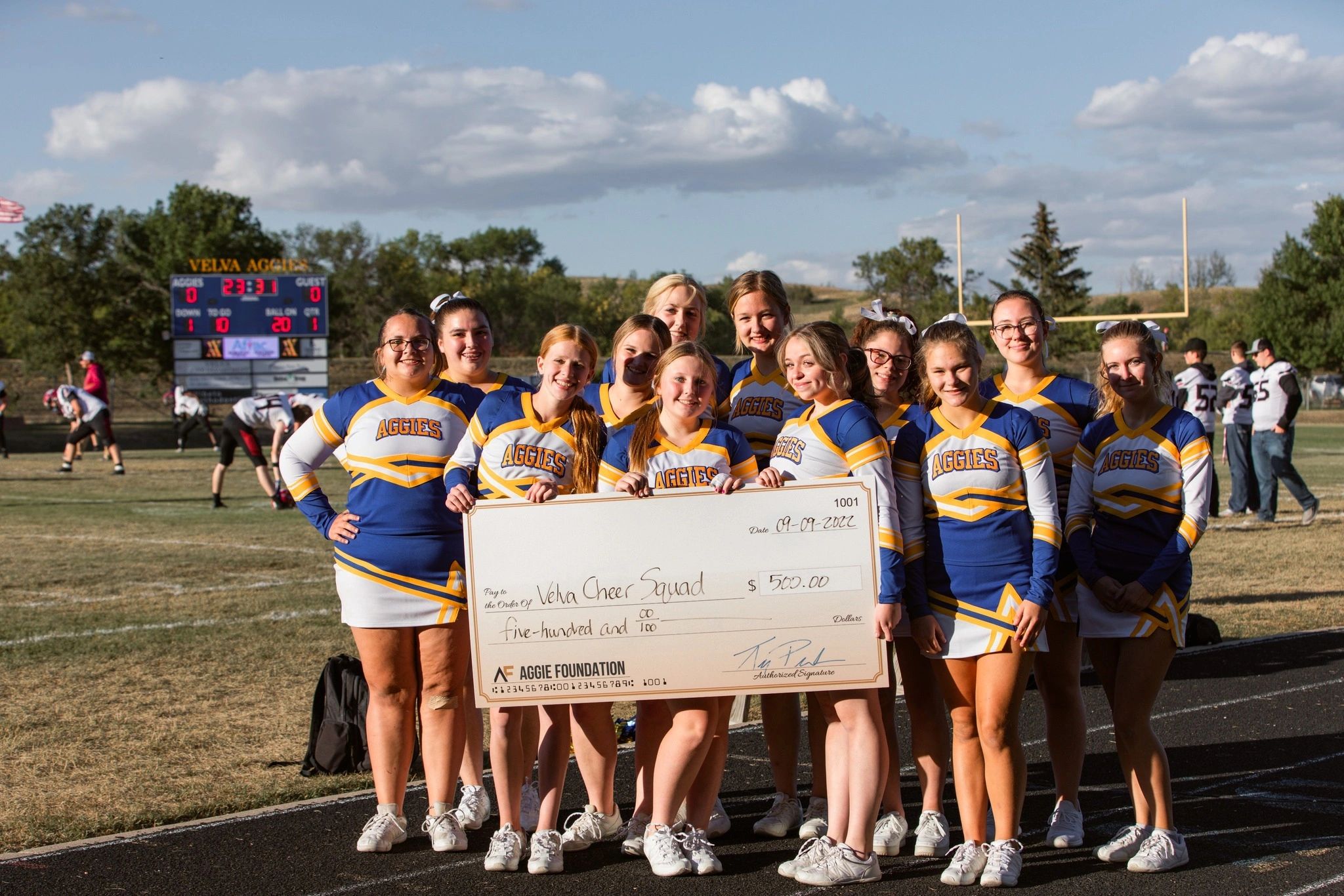 Velva Cheer Squad is awarded $500 from the Aggie Foundation Velva Cheer Squad is awarded $500 from the Aggie Foundation