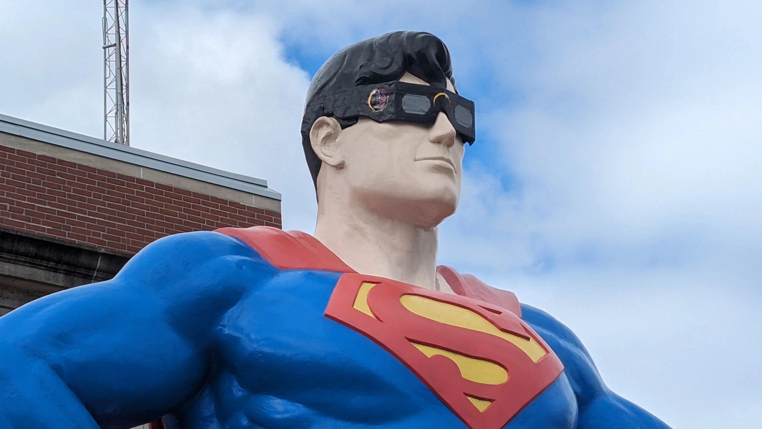 The Giant Superman Statue ready for Solar Eclipse April 8th 2024