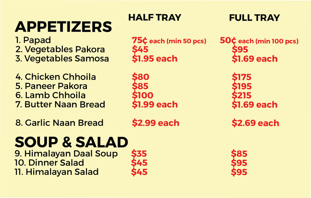 Catering Menu | Himalayan Cuisine