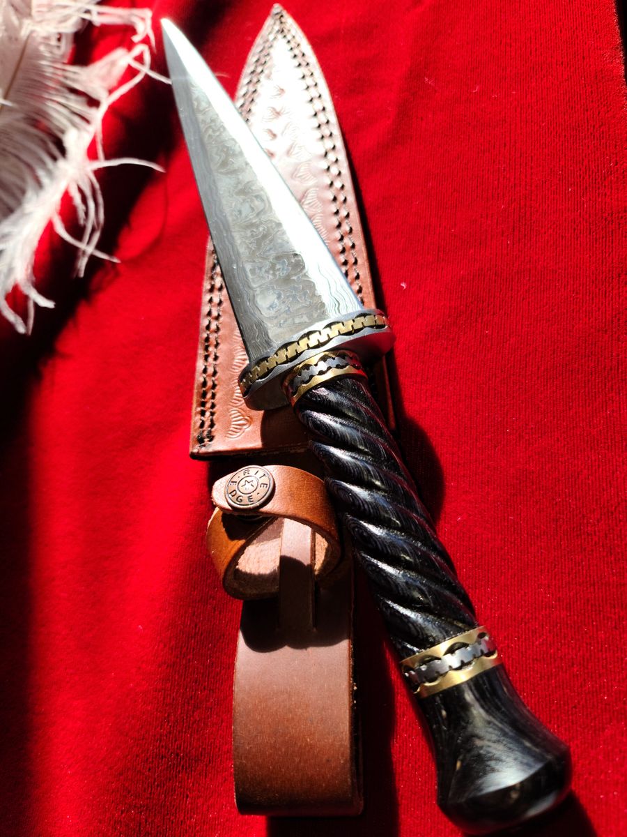 Belt Dagger With Pattern Welded Blade & Fluted Blackwood Grip