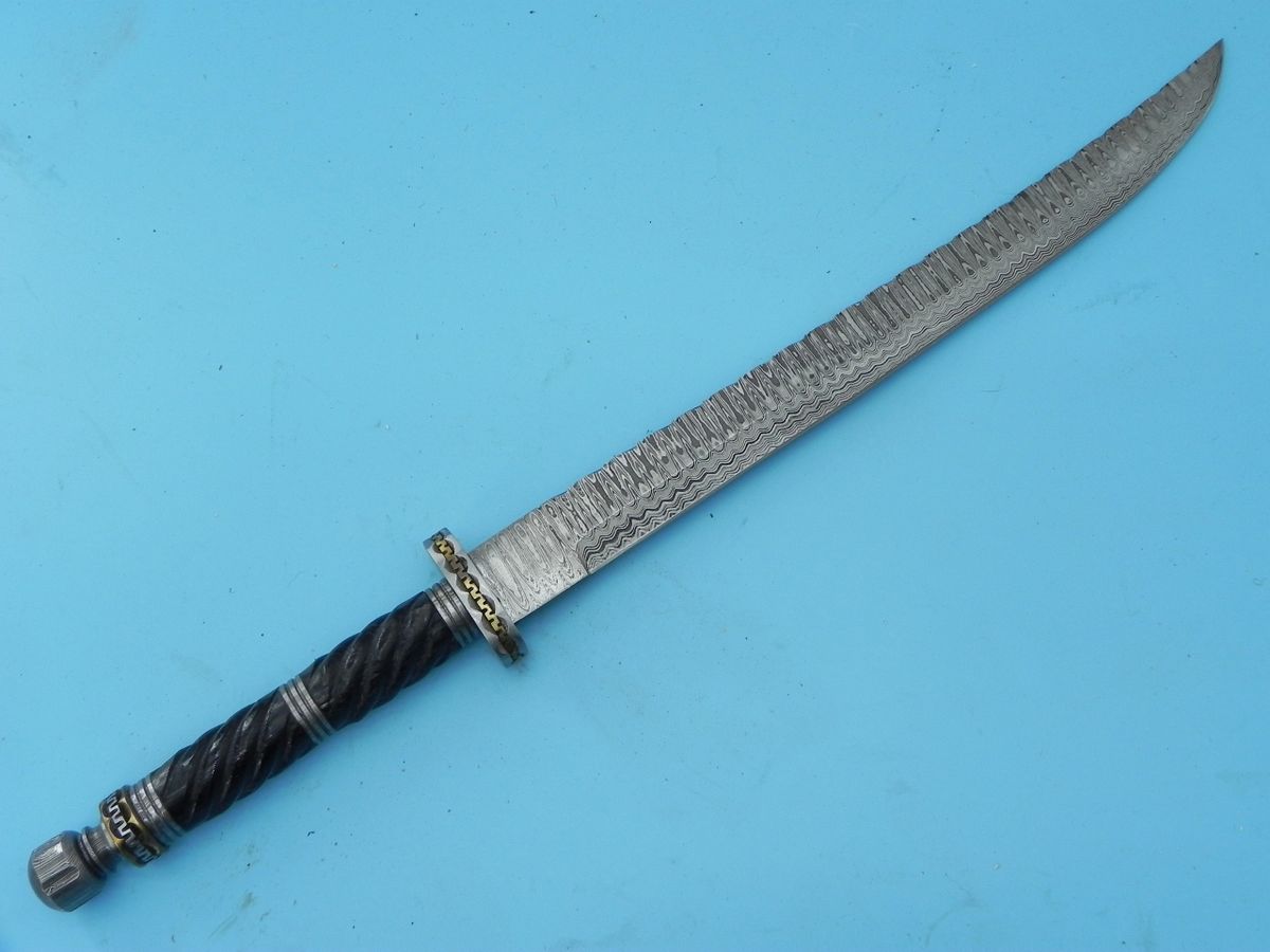 Short Sword With Pattern Welded Blade & Fluted Blackwood Grip