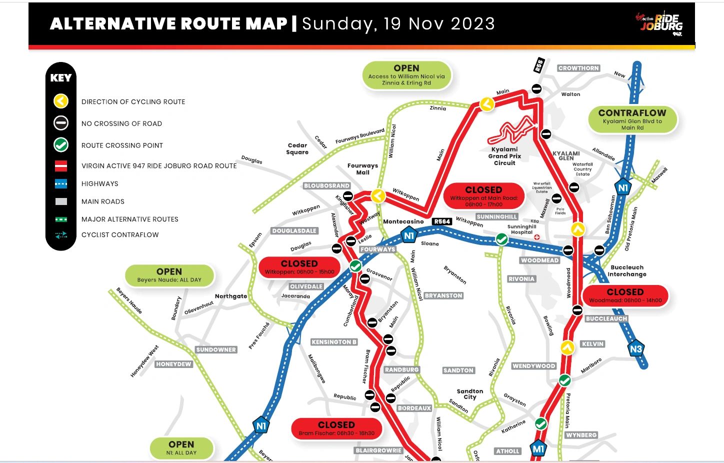 Virgin Active 947 Ride Joburg Map Sun 19 November 2023