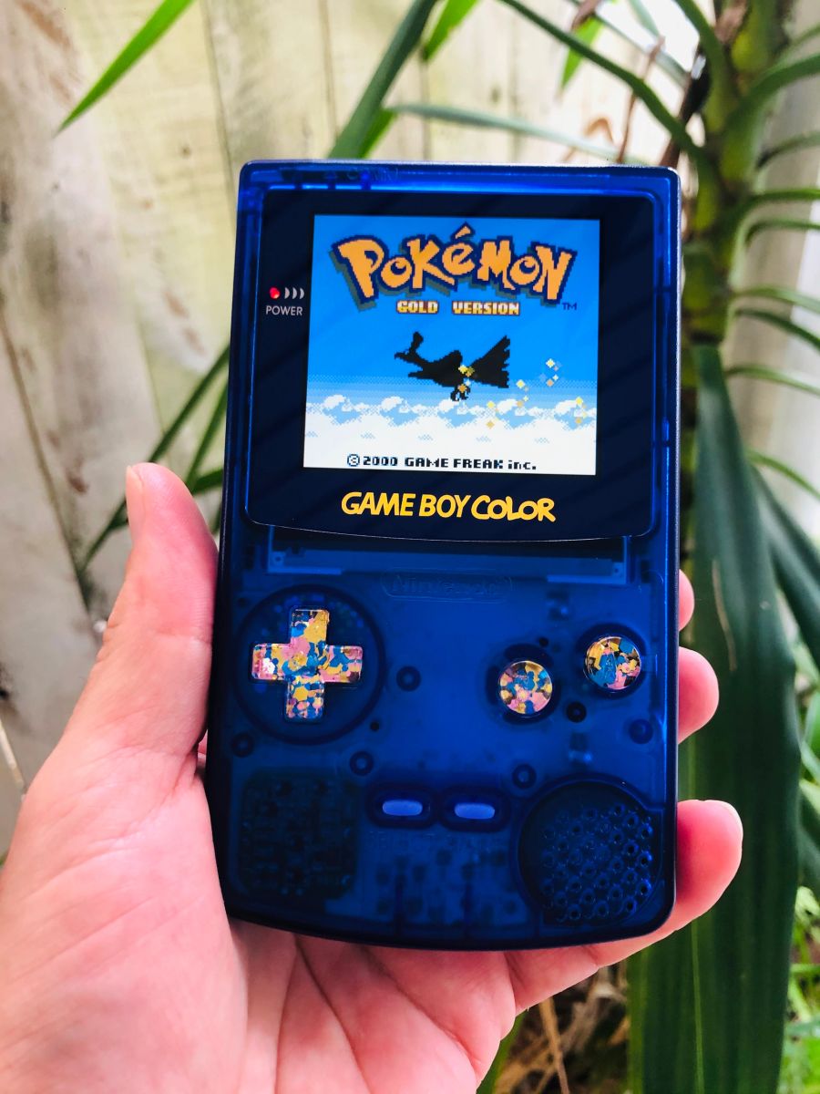 Gameboy Color - Clear Blue Q5 IPS Sparkle Buttons RECHARGEABLE BATTERY