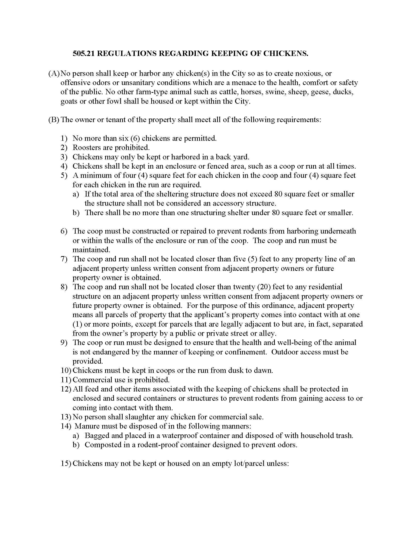 505.21 Regulations Regarding Keeping of Chickens