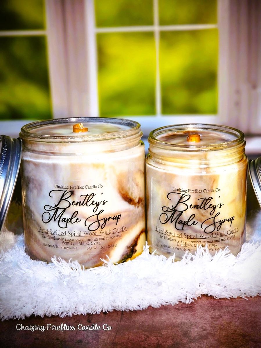 Bentley's Maple Syrup Hand-Swirled, Spiral Wood Wick Candle
