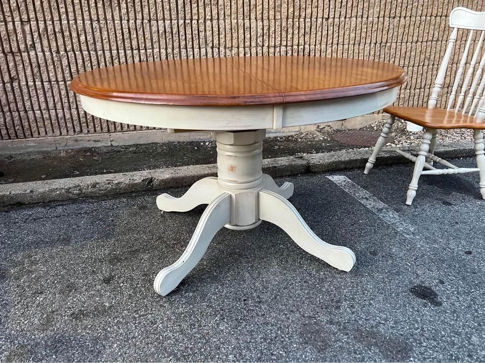Vintage Solid Maple White Painted Round Dining Table With Leaf. SKU 8178