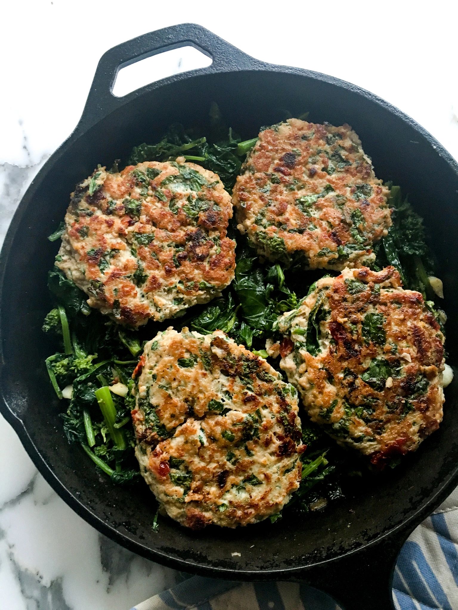 Chicken Burgers with Broccoli Rabe and Sun Dried Tomatoes