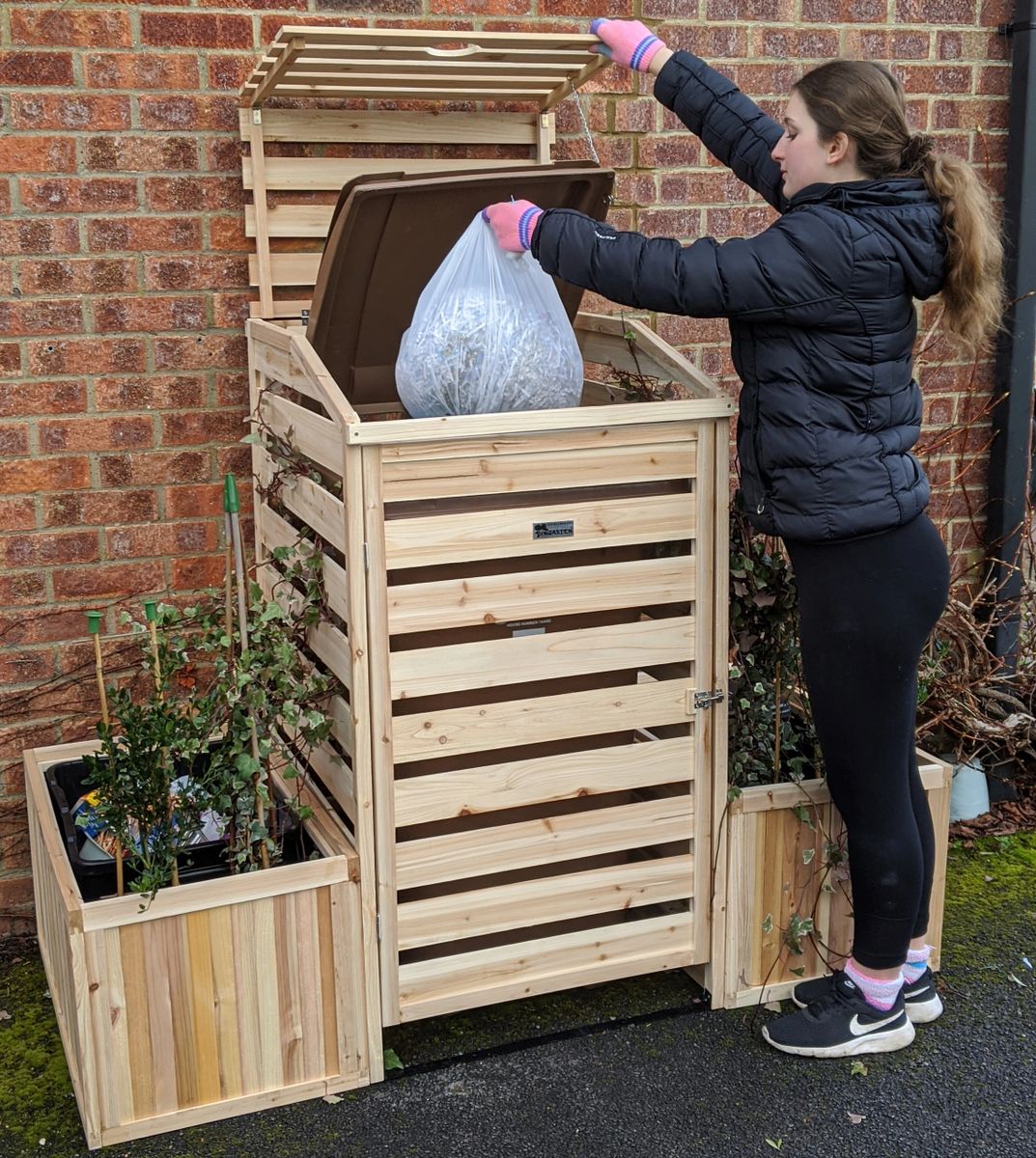 Bin Garden Single BUNDLE Wooden Slatted Wheelie Bin Garbage Cover Trash ...