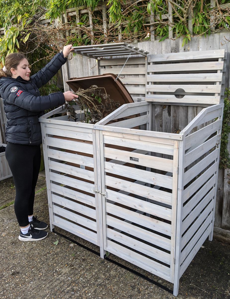 BinGarden SECONDS Double Wooden Slatted Wheelie Bin Store with Bi-Fold ...