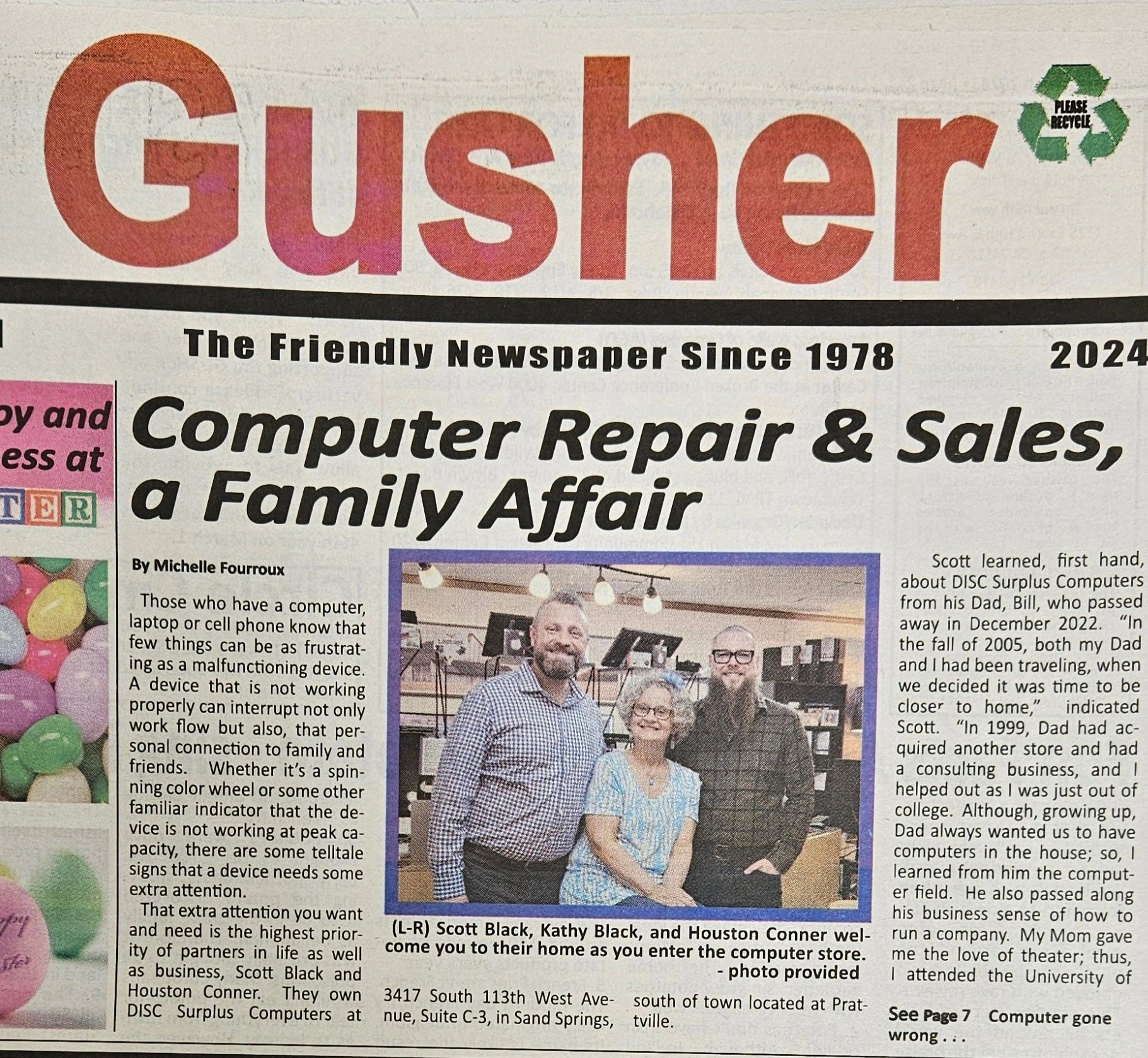 Gusher Newspaper March Cover Story about DISC Surplus Computers