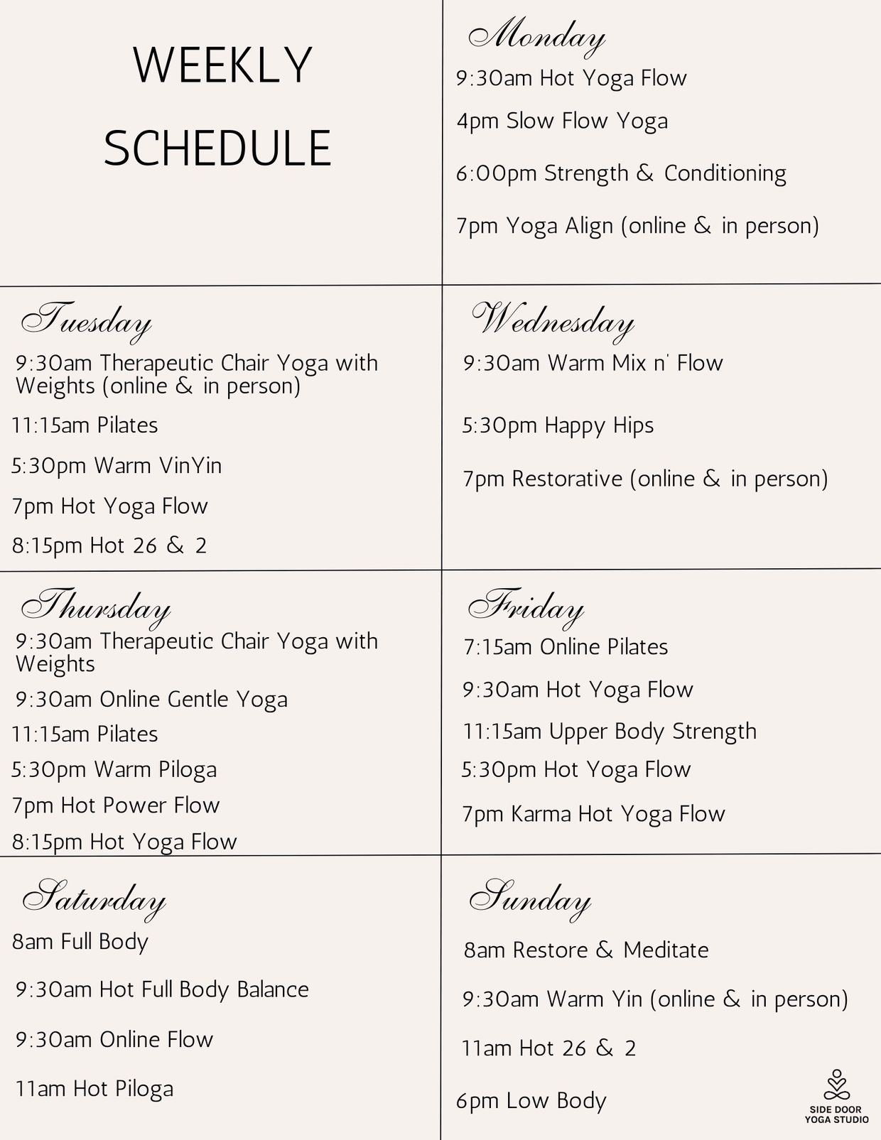 Classes & Pricing | Side Door Yoga Studio