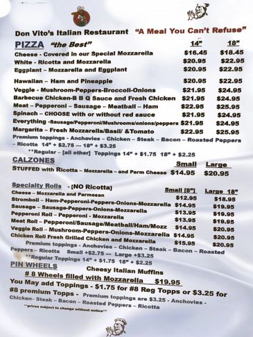 Menu | don vitos italian restaurant