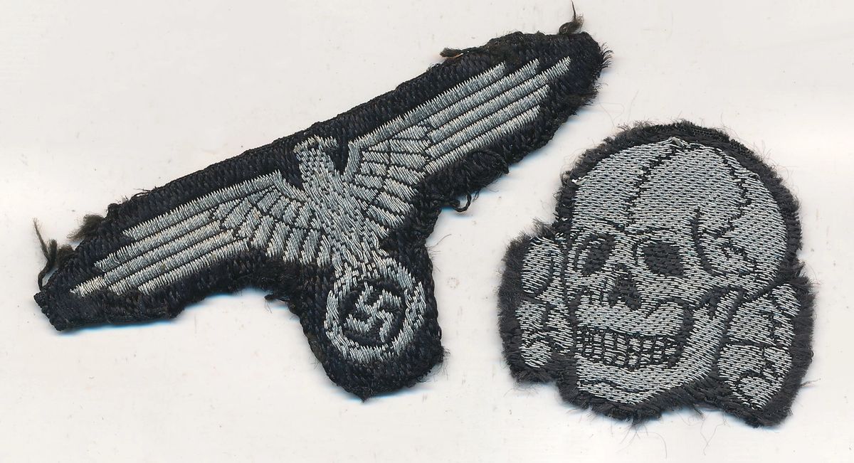 COMBAT WORN & REMOVED Waffen-SS Officer's Flatwire Cap Insignia Set