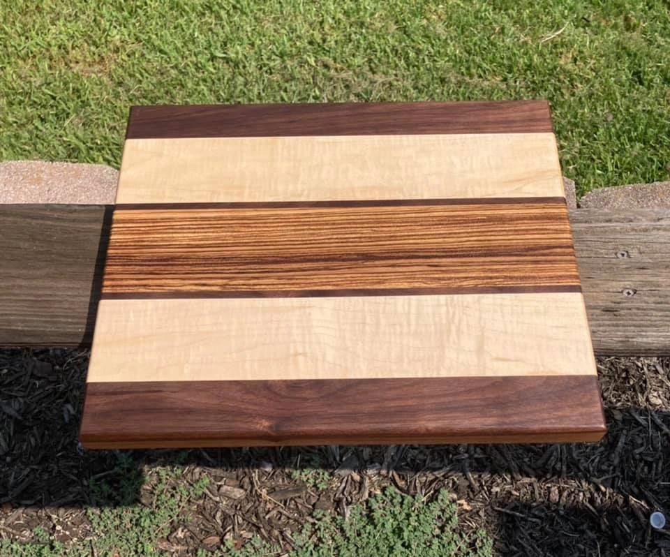 Zebra Wood, Maple, and Black Walnut Cutting Board