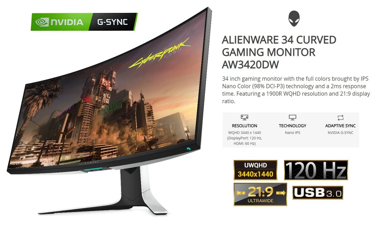 MONITOR ULTRAWIDE 34" ALIENWARE AW3420DW G-SYNC WQHD NANO-IPS 120HZ 2MS ...