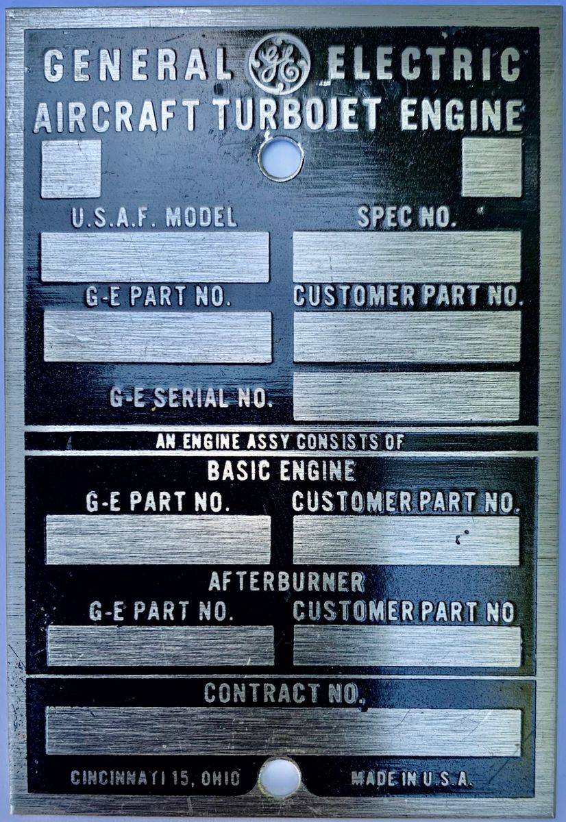 Original General Electric Aircraft Turbojet Engine Data Plate, GE J47 ...