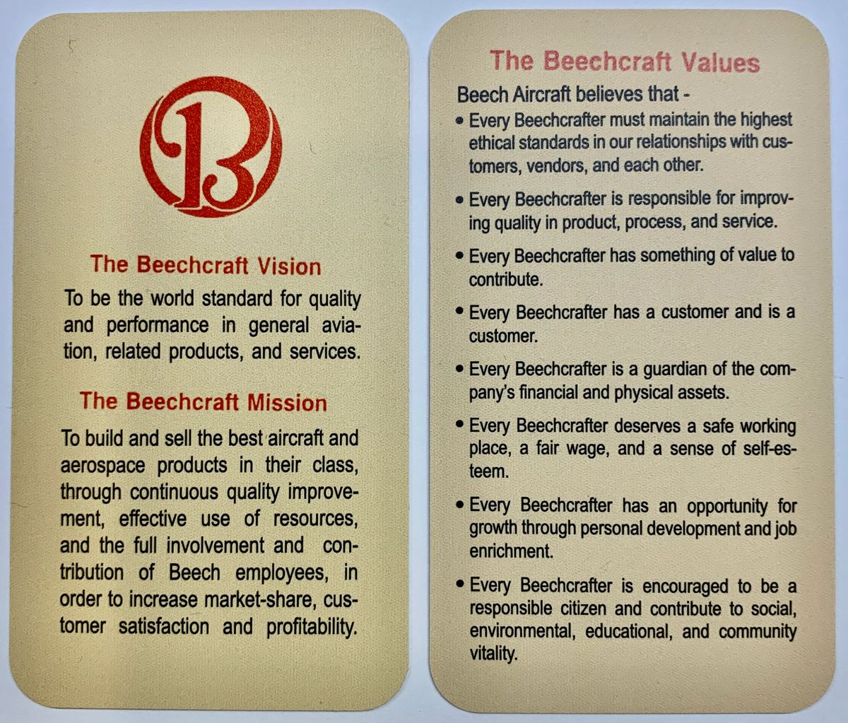 2-Sided Beechcraft Vision/Mission/Values Plastic Cards (Lot of 10) EPH-0109