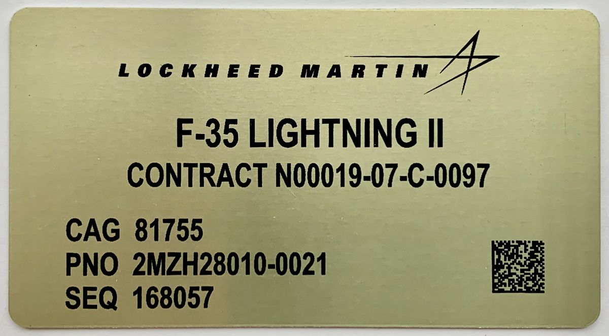 Reproduction Lockheed Martin F-35 Lightning II Data Plate DPL-0128