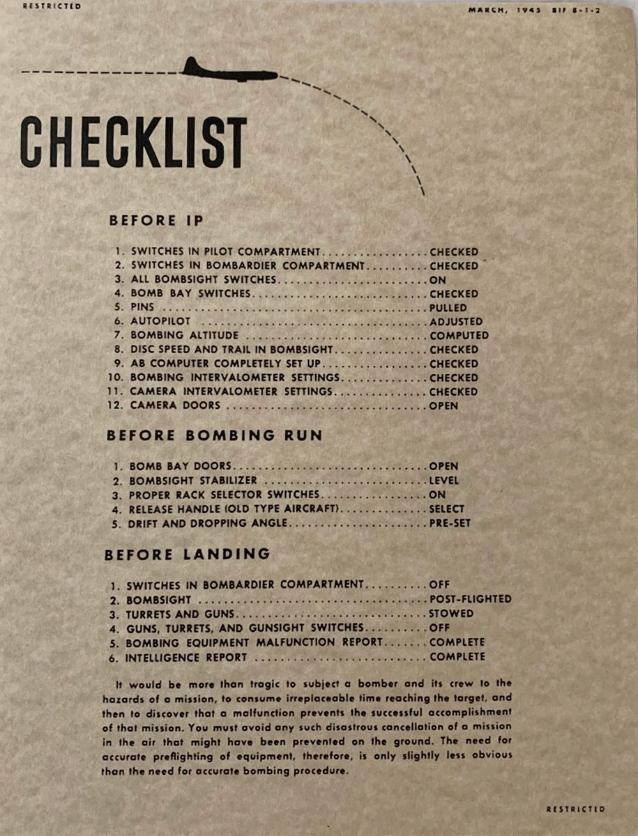 Boeing B-17 Bombardier's Checklist Reprint CKL-0115