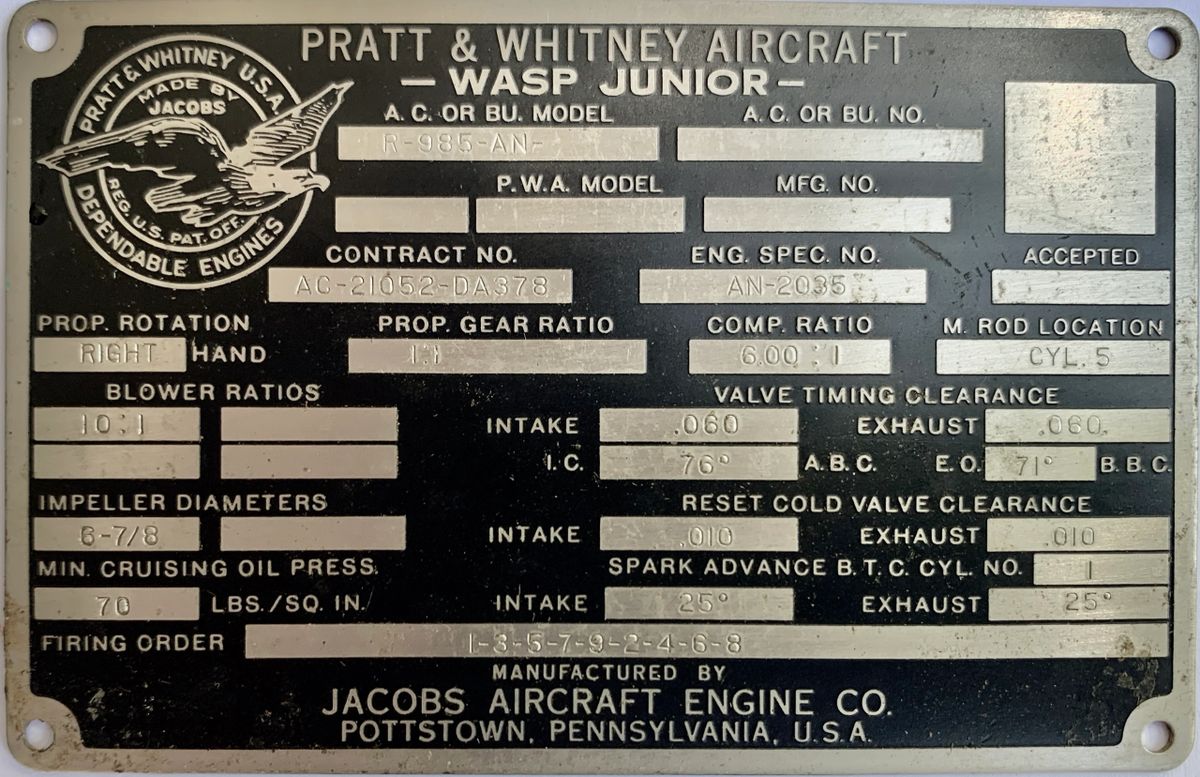 Original Pratt & Whitney R985-AN Wasp Junior Data Plate DPL-0127
