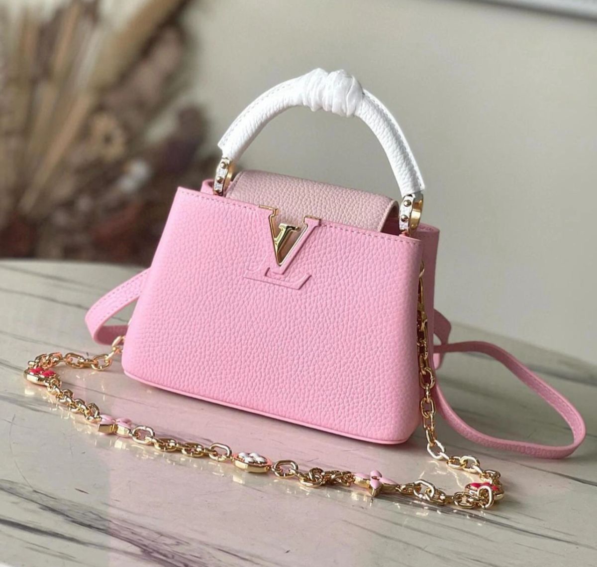 Louis Rose pink flower chain mini capucine bag