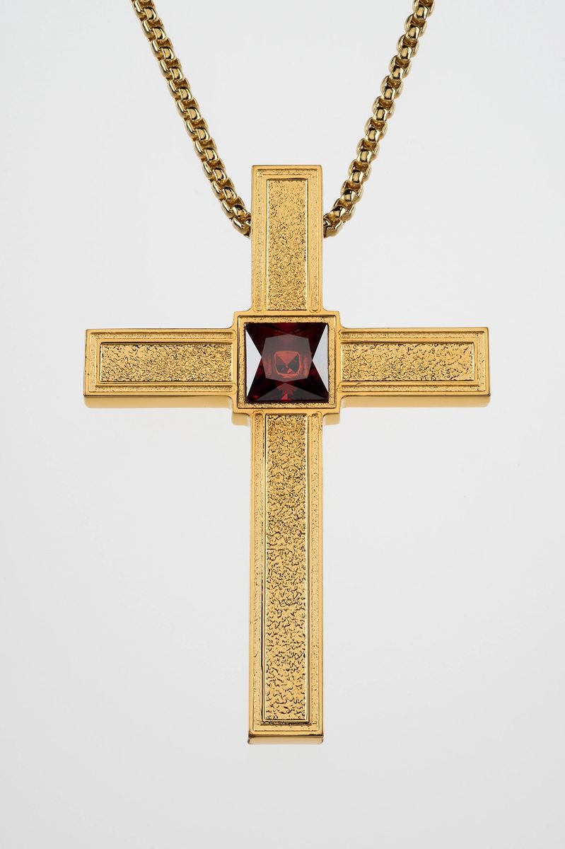 Cross: Gem 2, Pebbled Finish Gold Clergy Cross with Amethyst or Red Stone