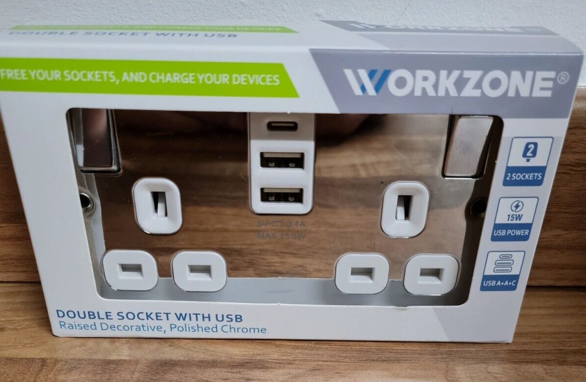 WORKZONE USB C & 2 x USB A DOUBLE PLUG WALL SOCKET 13A 2 GANG ...