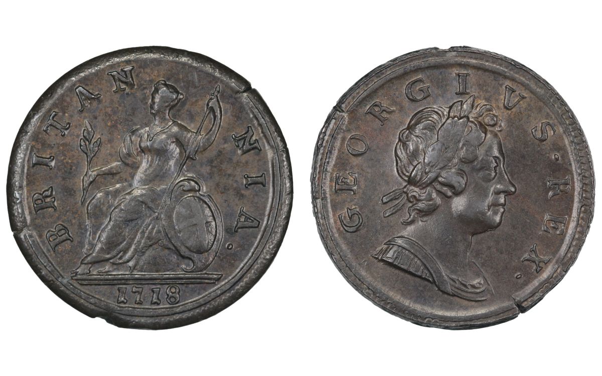 1718 Halfpenny, EF, George I, Peck 778, R2 (Rayner)