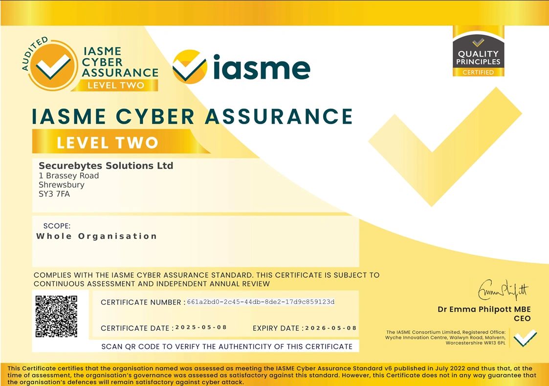 Securebytes® Awarded IASME Cyber Assurance Level 2 Certification!