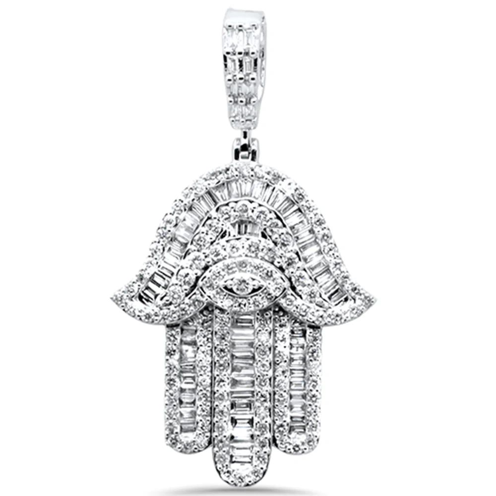 14K White Gold Round & Baguette Diamond Hamsa Pendant
