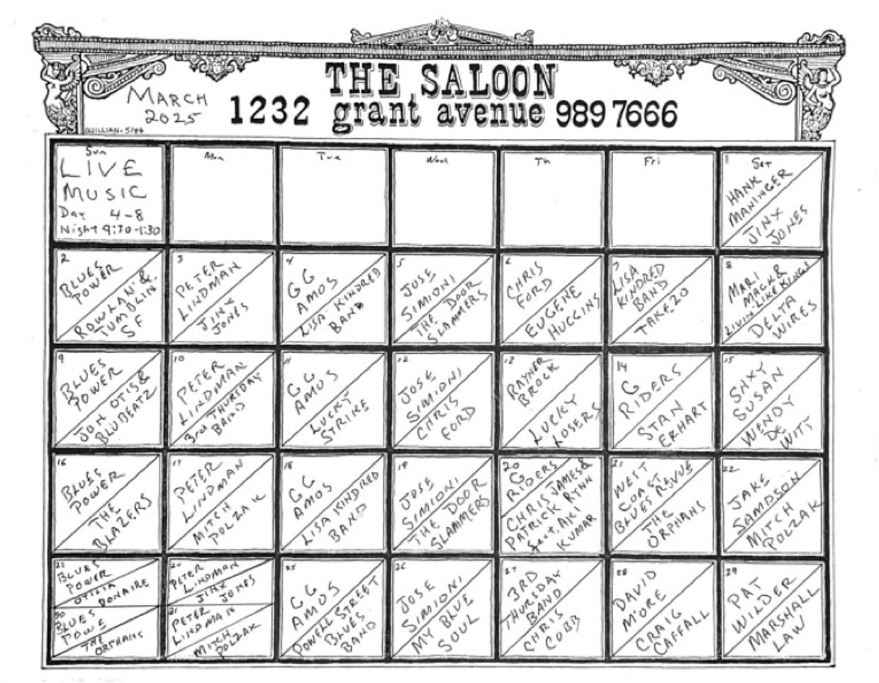 The Saloon Monthly Band Calendar The Saloon Monthly Band Calendar