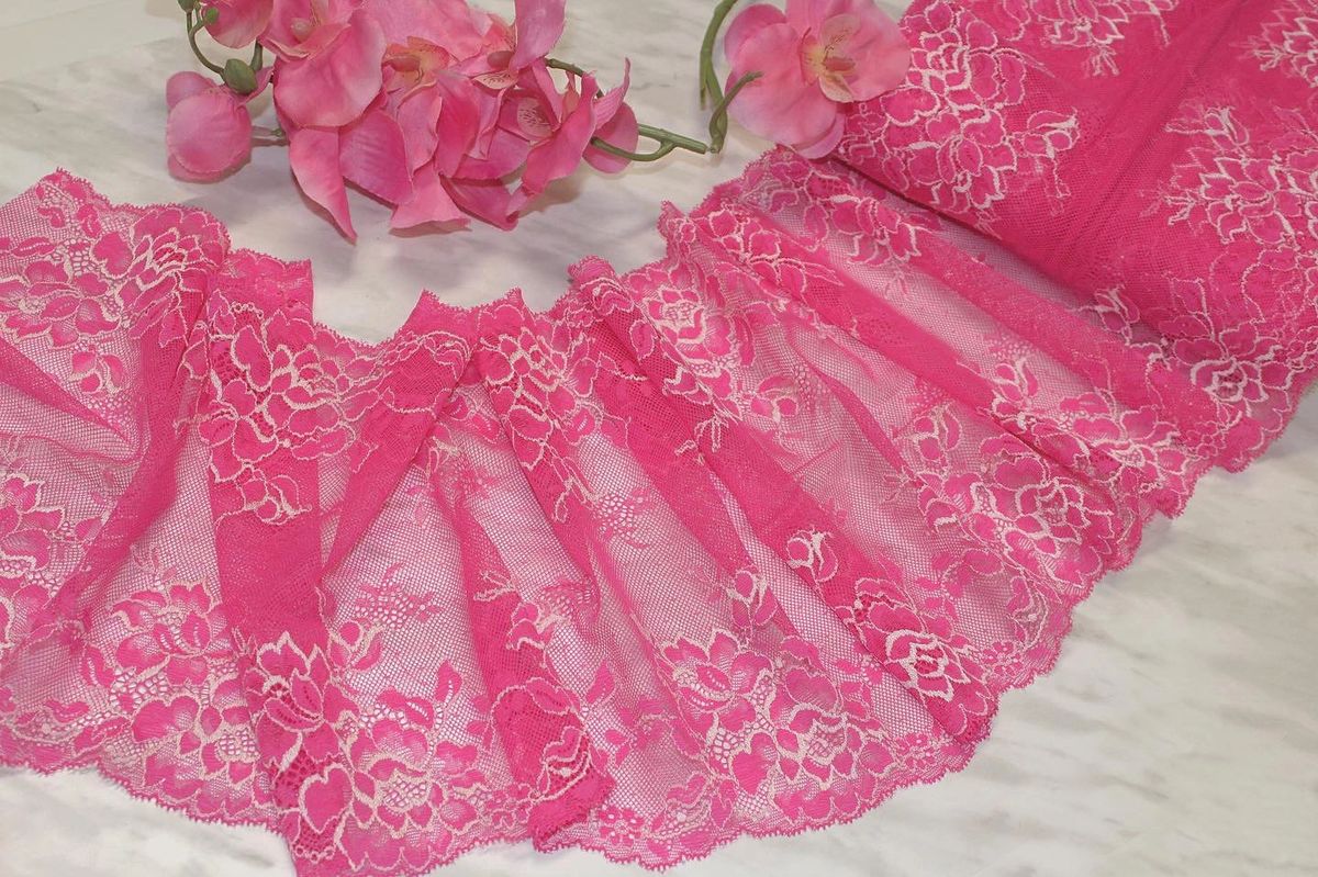 9" Neon Pink Floral Stretch Lace Trim