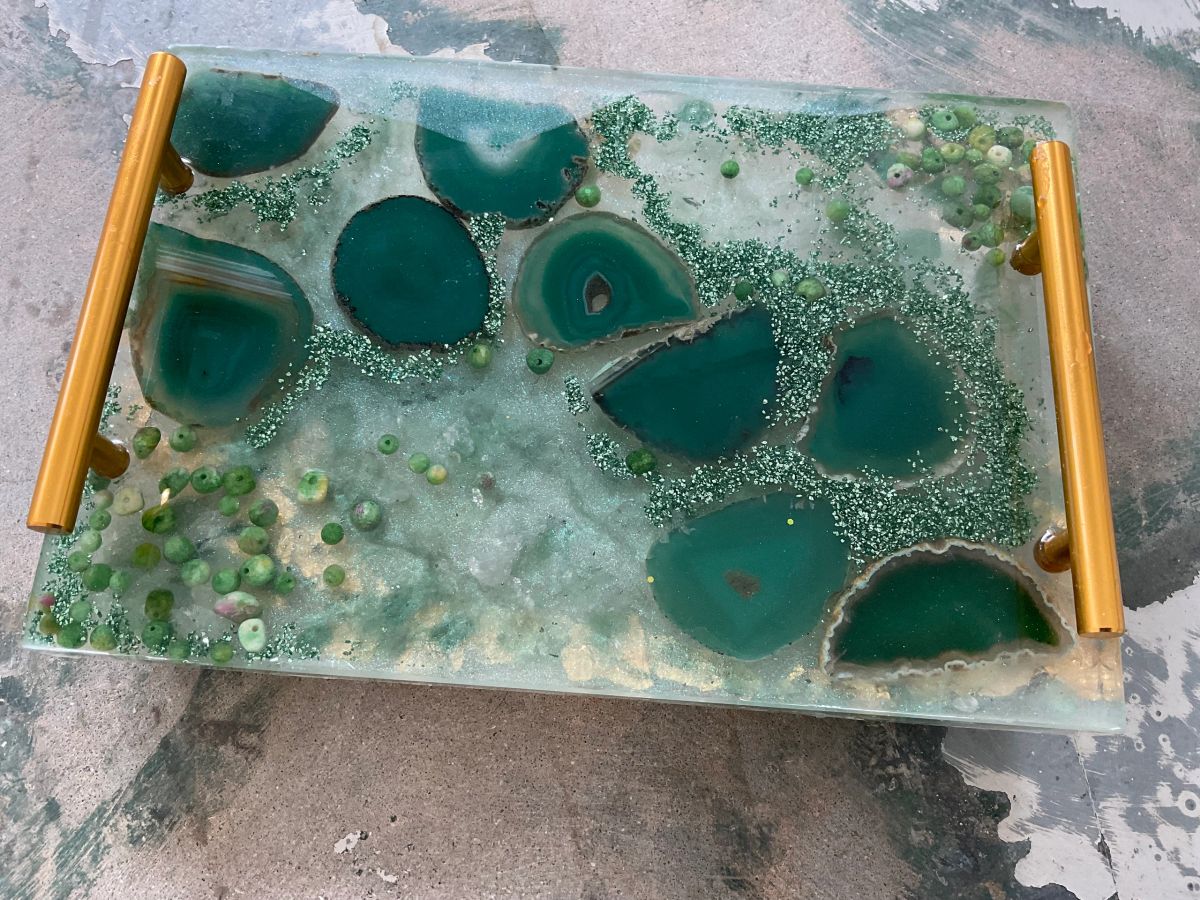 All Resin Rectangular Tray w/Gold Handles