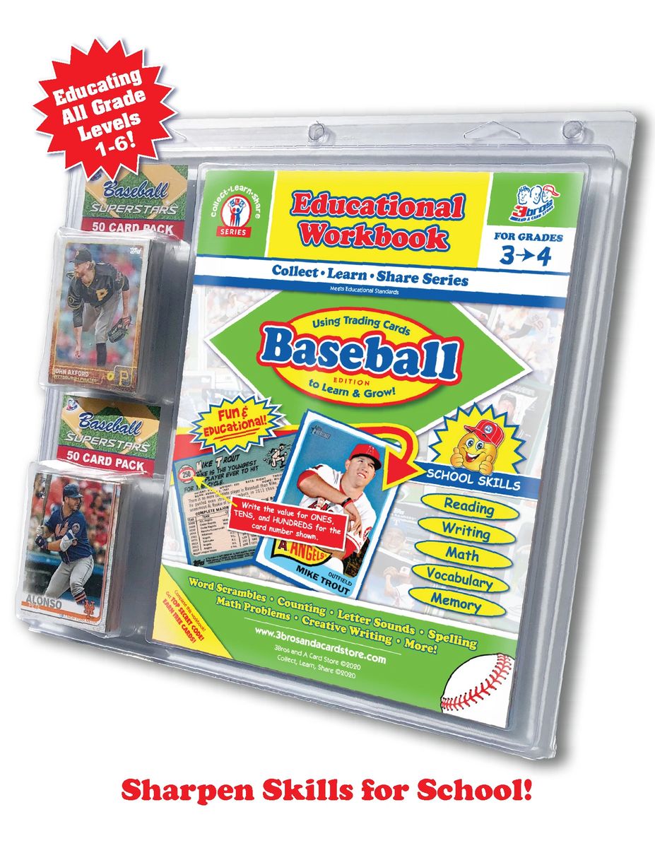 EDUCATIONAL WORKBOOK/ BASEBALL CARD COMBO PACK GRADES 3-4