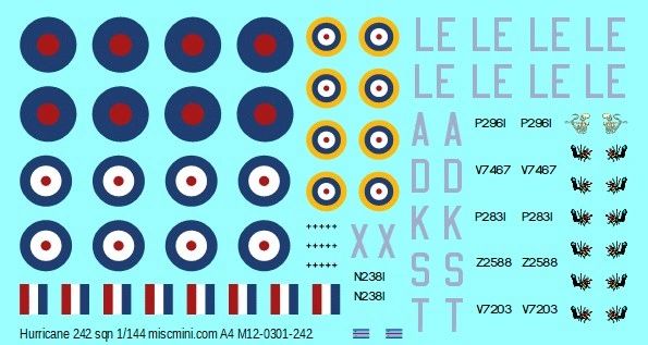 Hawker Hurricane 242 squadron and 303 squadron 1/144 and 1/100 scale decals