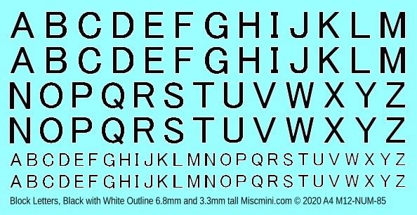 Outlined Letters 6.8mm and 3.3mm tall 1/144 - 10mm - 12mm decals
