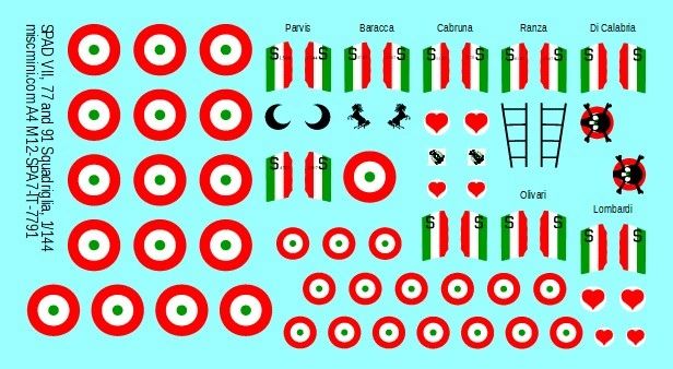 SPAD VII, Italian 77th and 91st Squadriglia 1/144 scale decals