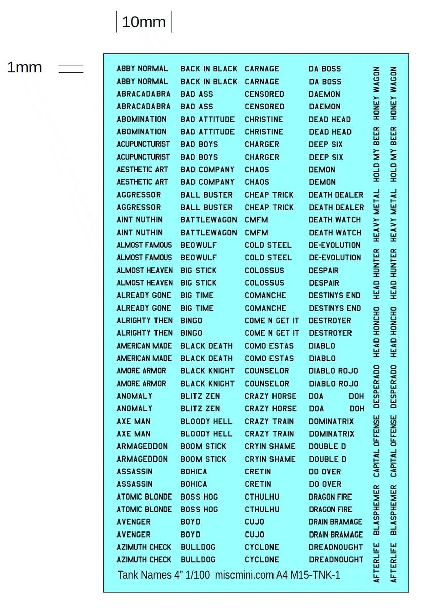 Tank Names, 1/100 scale decals