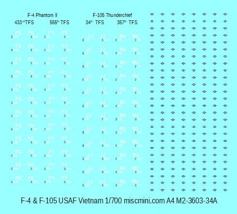 F4 Phantom, F-105 Thunderchief, and B-52, 1/700 scale decals