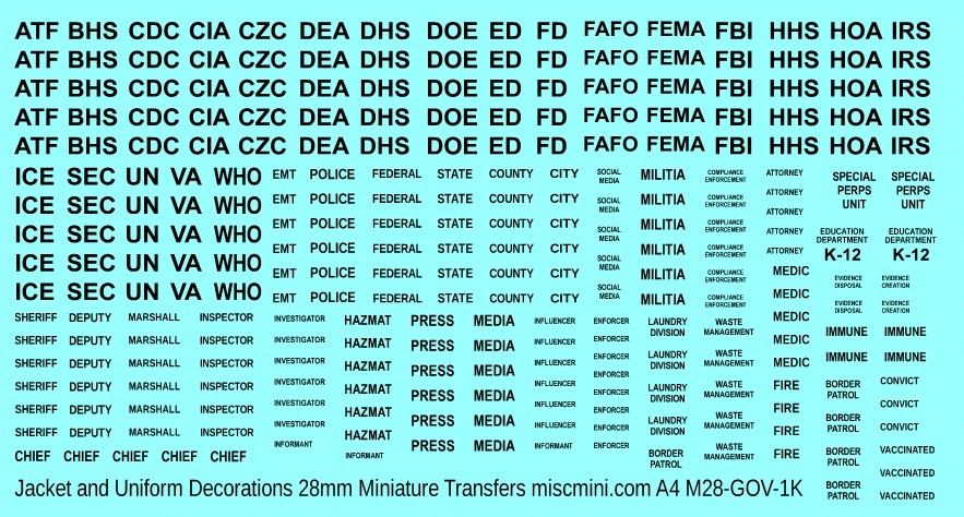 Agency and Organization Names and Acronym decals, for 28mm miniatures
