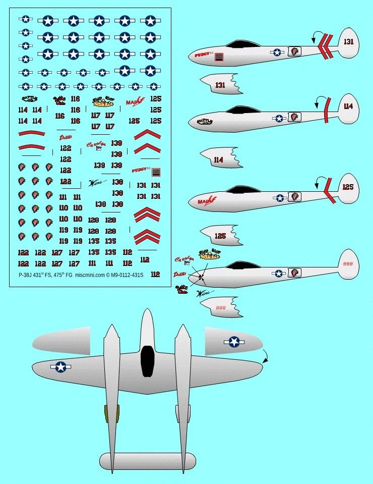 P-38 431st Fighter Squadron, 475th Fighter Group 1/200 scale decals