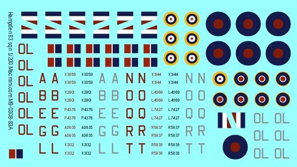 H.P. Hampden No 83, 106, and 420 Squadrons 1/200 scale decals
