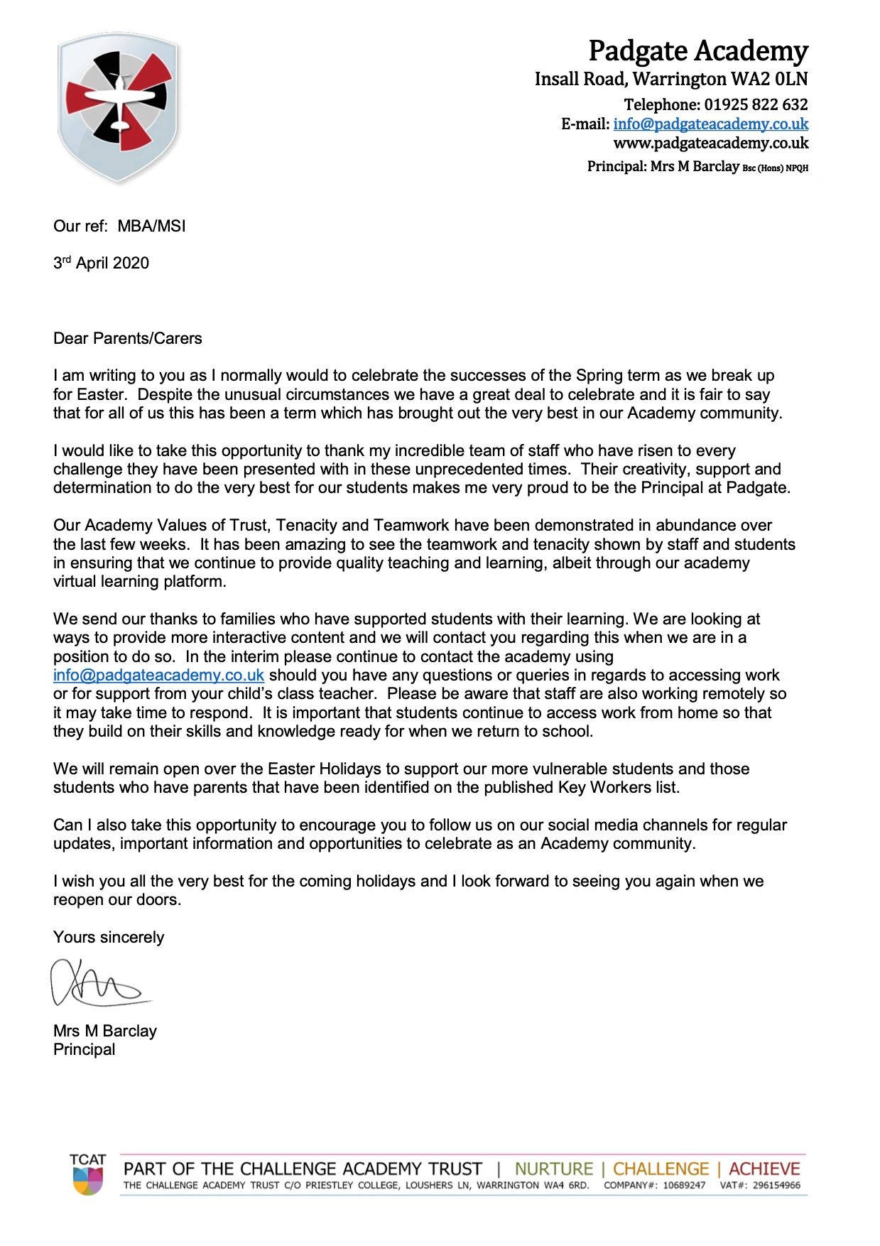 Letter Home - End of Term (Easter)