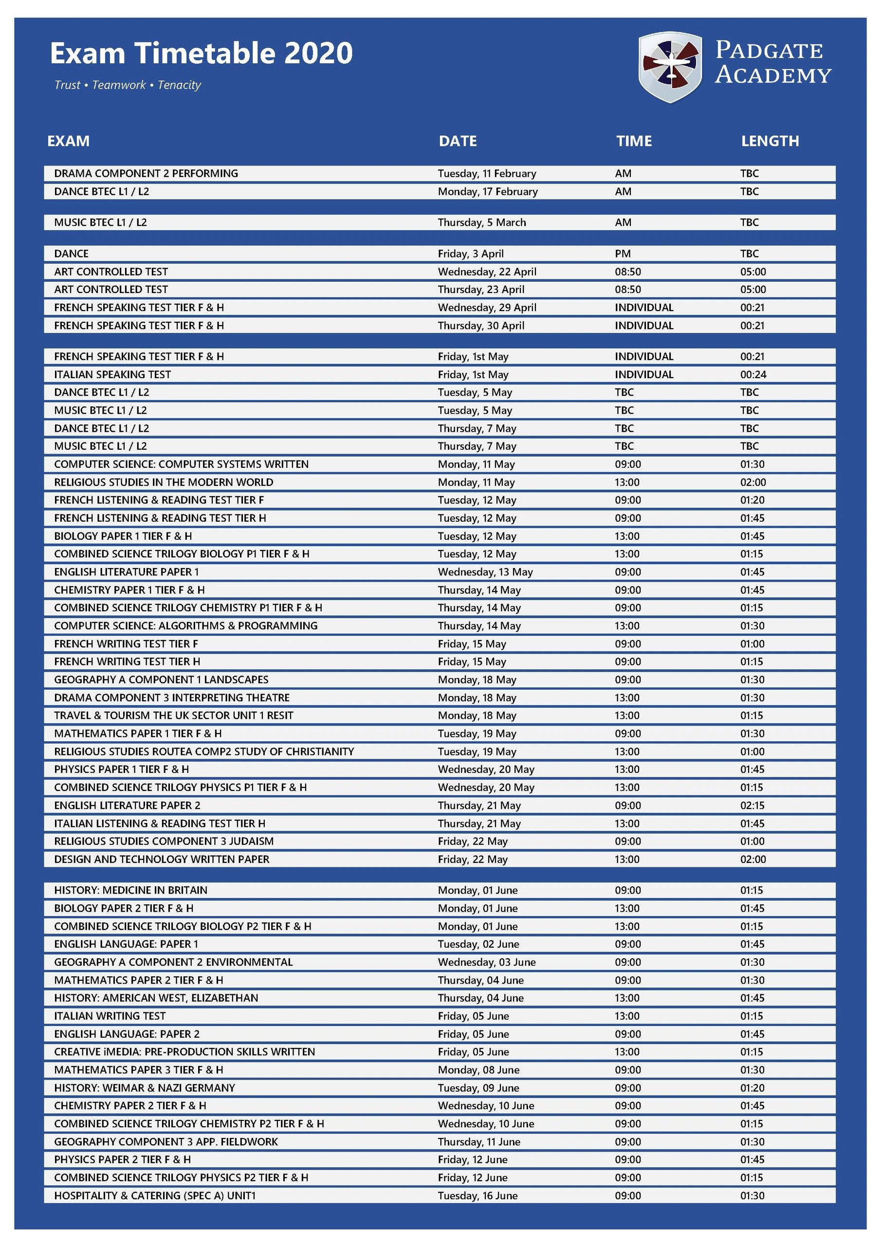 Summer 2020 - Exam Timetable