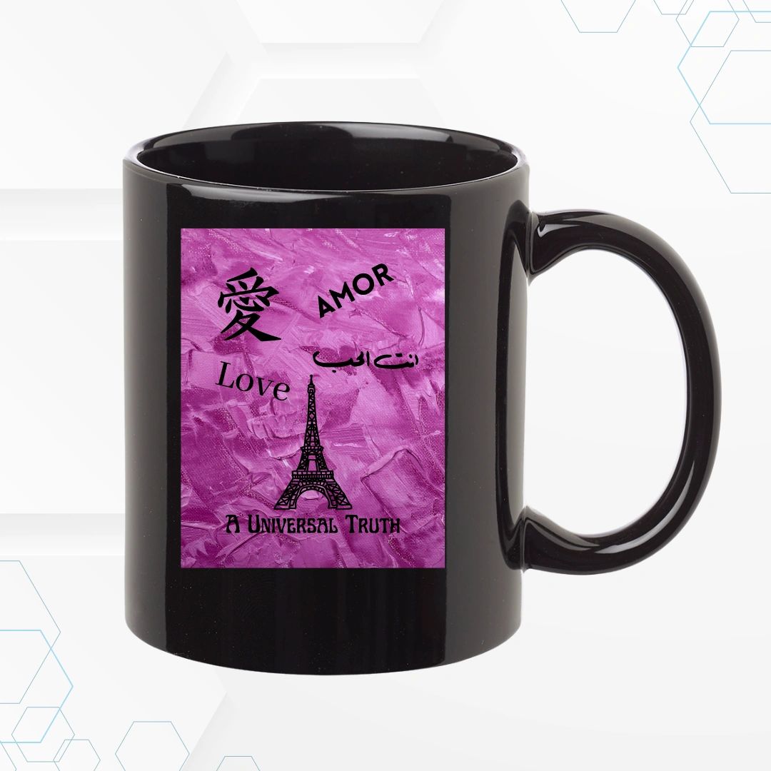 11 oz Ceramic Black 'A Universal Truth' Mug with Amethyst Backdrop
