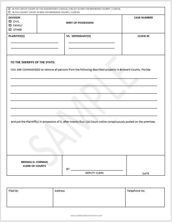 Writ of Possession (Escrito de Posesión) Broward