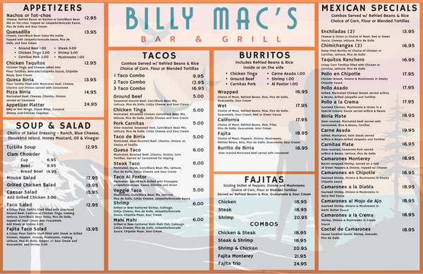 Menu | Billy Macs Bar & Grill