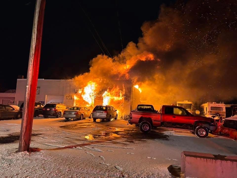 Sanborn auto shop heavy damaged in overnight fire
