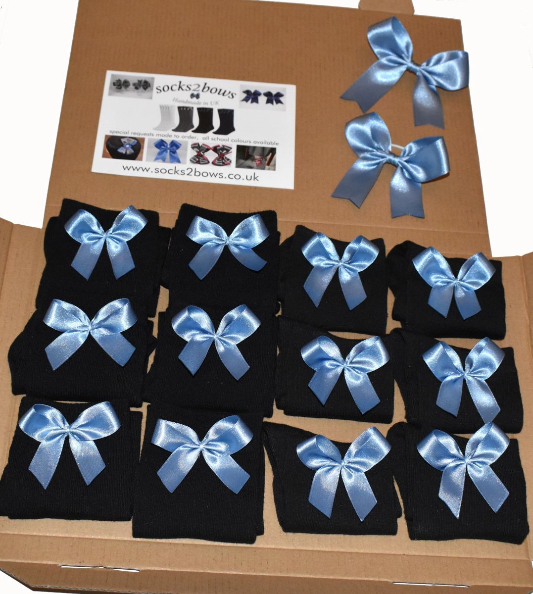 Black Socks and Sky Blue Bows Box Set - Bow Socks with Matching Bobbles