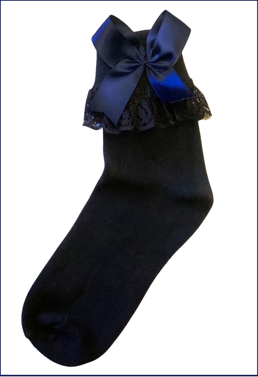 Frilly Ankle Socks with Handmade Navy Blue Bows